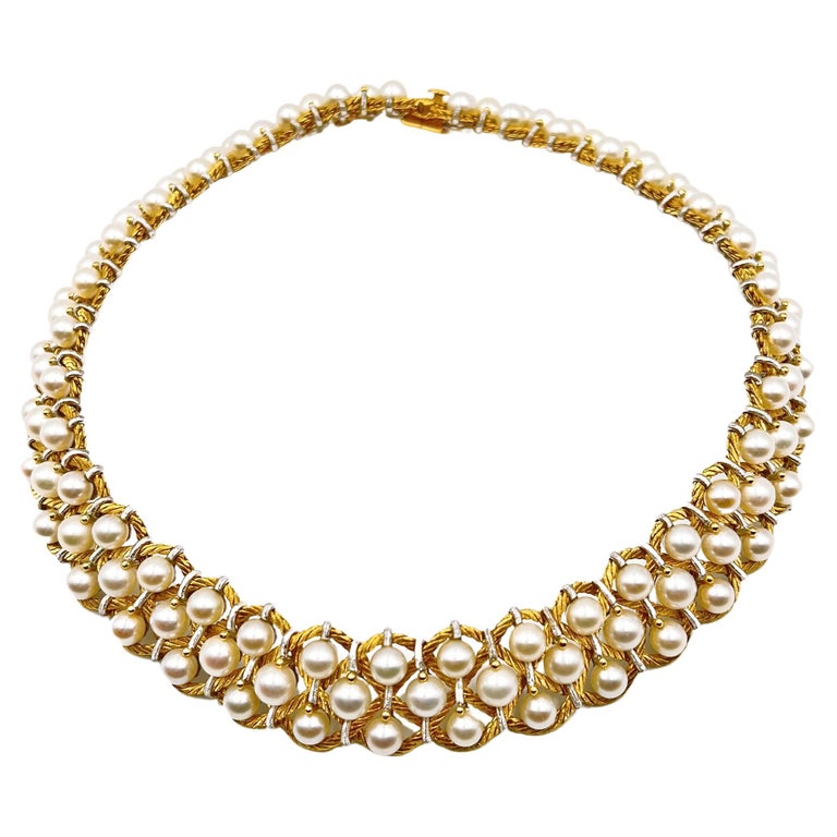 Buccellati 18k Gold Rete Pearl Collar Necklace For Sale at 1stDibs