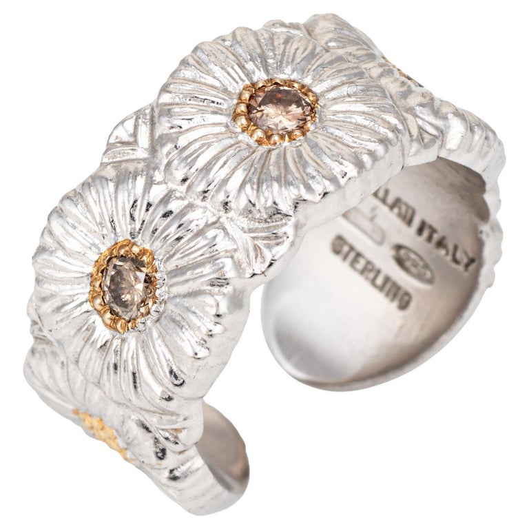 Buccellati Blossoms Cuff Ring Diamond Daisy Band Sterling Silver Flower ...