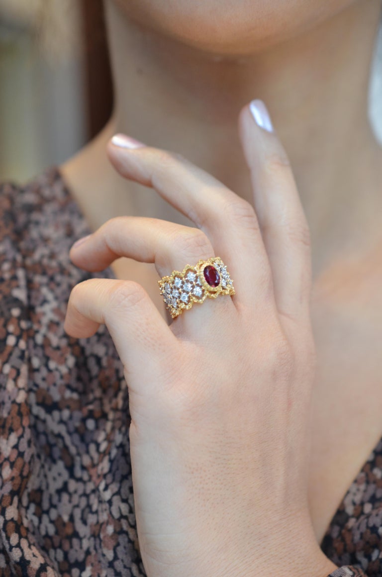 Buccellati Eternelle Ring with Ruby in Openwork White Gold Set with Diamonds at 1stDibs