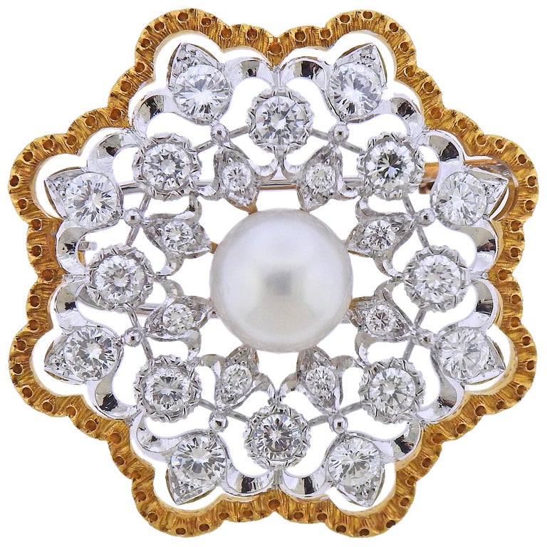 Buccellati Pearl Diamond Gold Brooch For Sale at 1stDibs