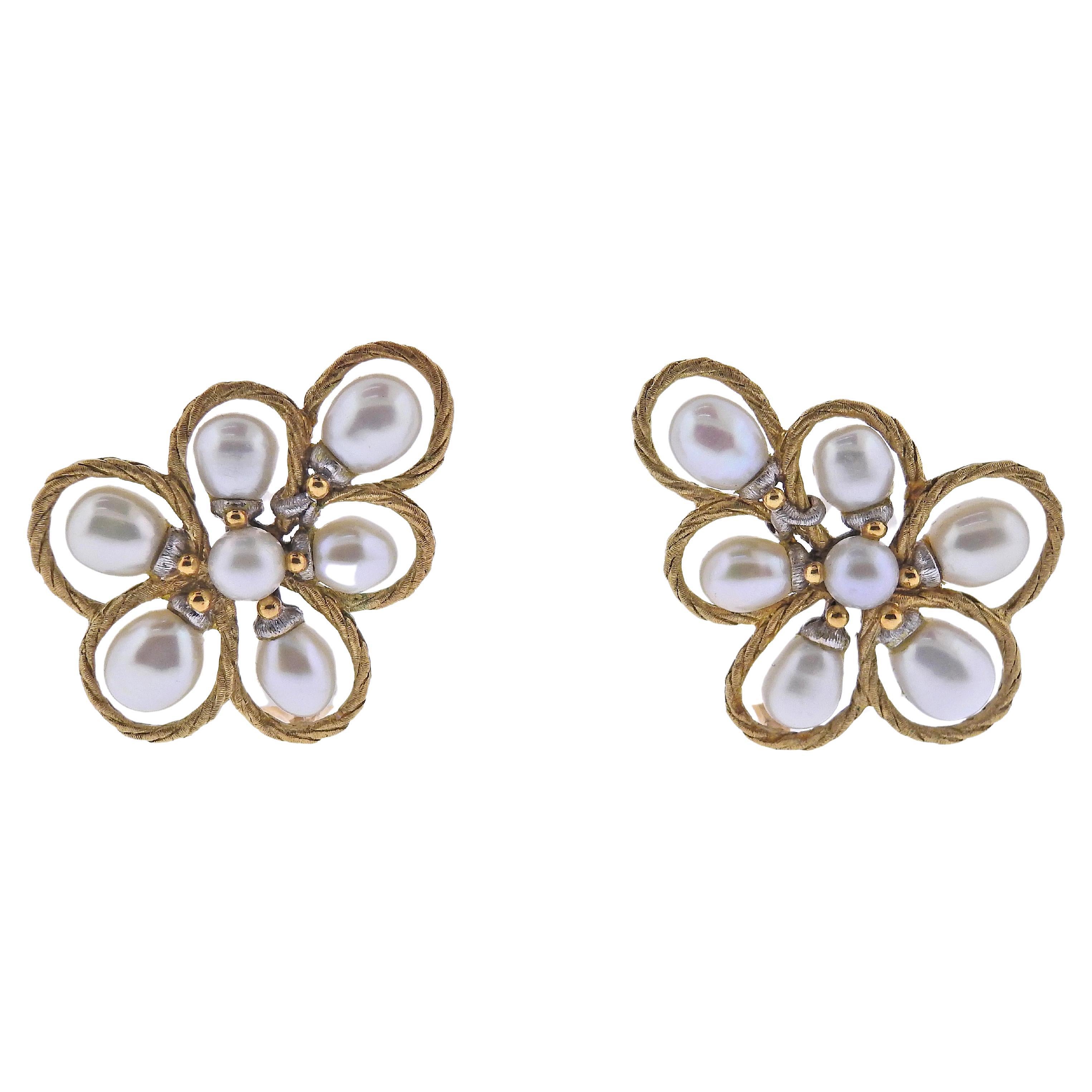 Buccellati Pearl Rose Cut Diamond Gold Leaf Motif Earrings For Sale at ...