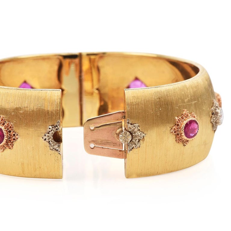 Buccellati Vintage Ruby Diamond 18k Gold Rigato Finish Cuff Bracelet ...