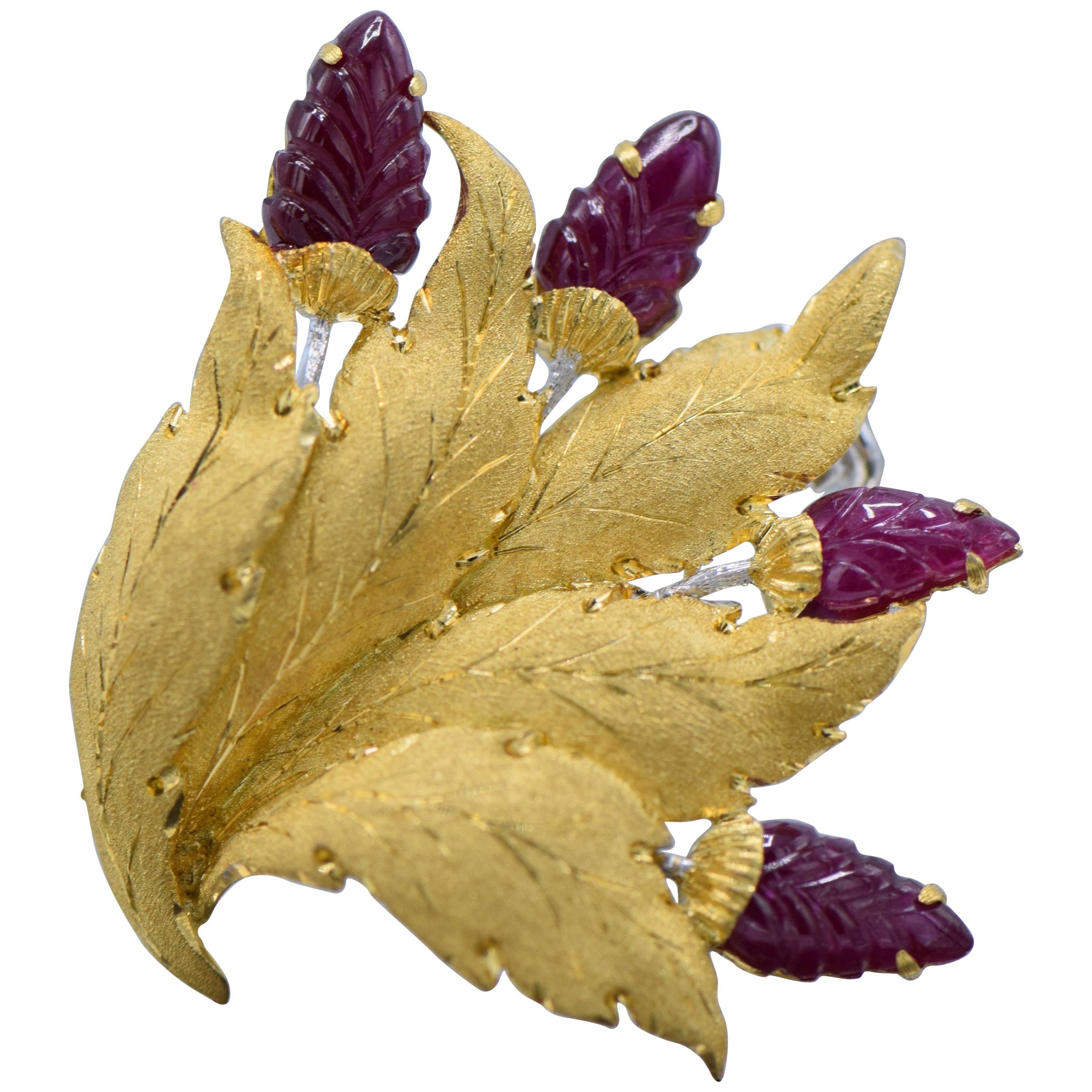 Bucellati, Carved Ruby and 18 Karat Gold Leaf Brooch at 1stDibs