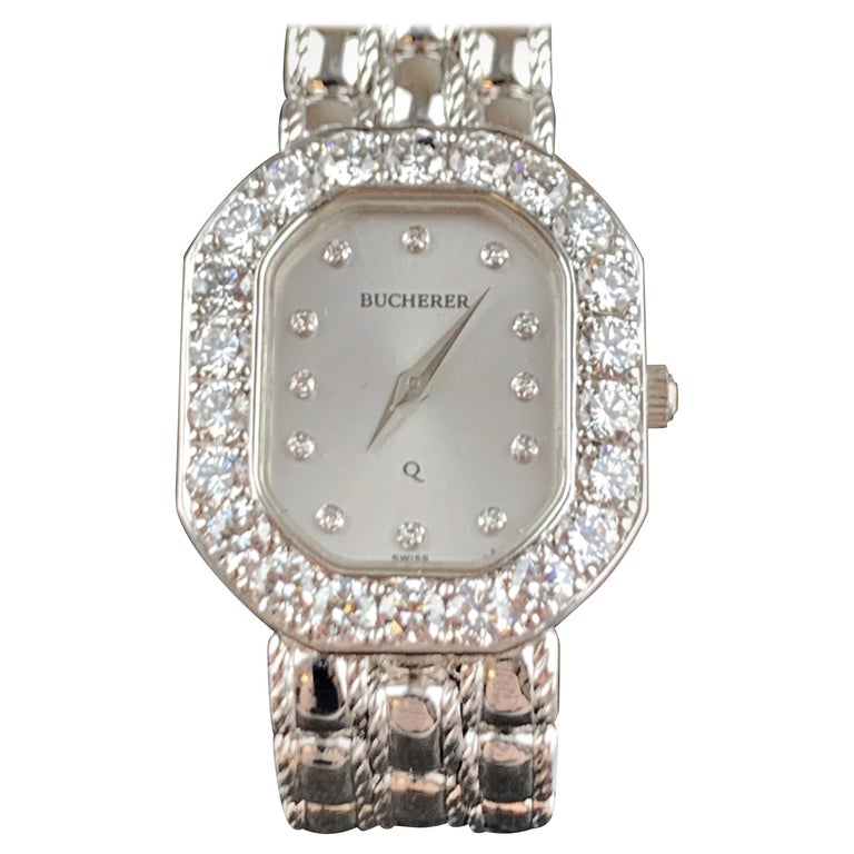 Bucherer 18 Karat White Gold Ladies Diamond Watch For Sale at 1stdibs