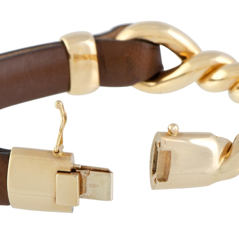 Bucherer 18 Karat Rose Gold and Brown Leather Bangle Bracelet at 1stDibs