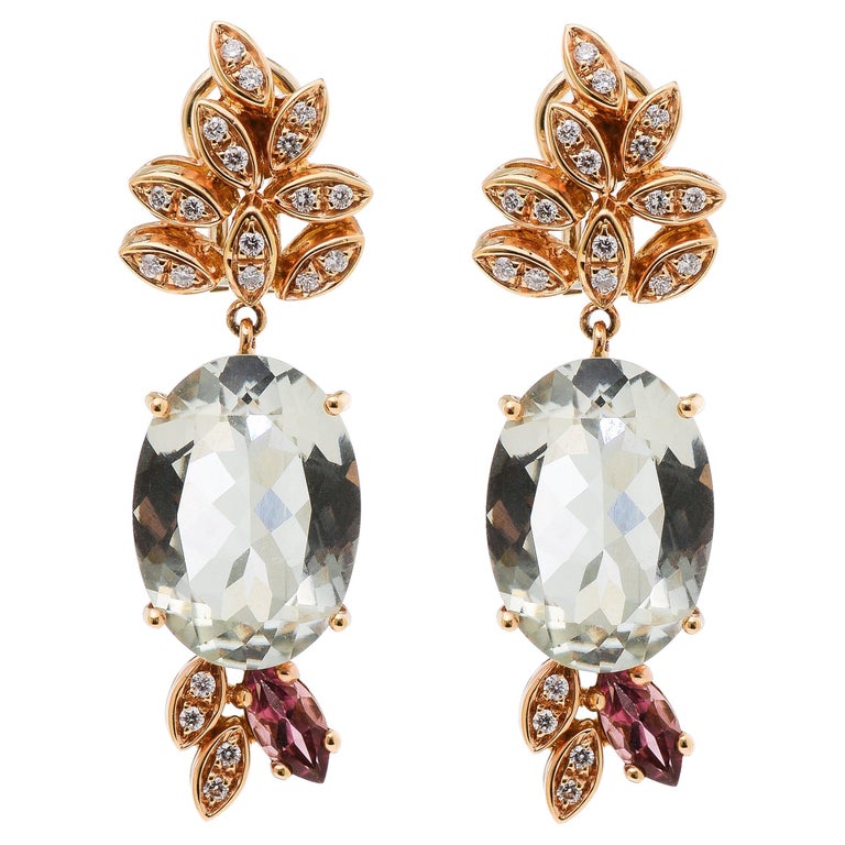 Bucherer 18k Rose Gold, Prasiolite and Diamond Drop Earrings For Sale ...