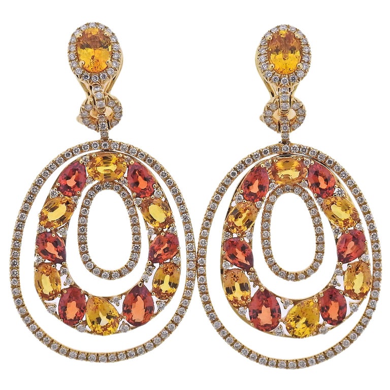 Bucherer Gold Diamond Orange Sapphire Drop Earrings For Sale at 1stDibs