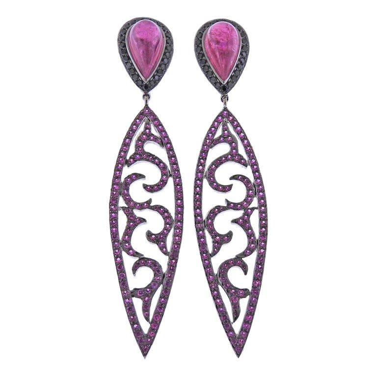 Bucherer Gold Diamond Pink Sapphire Tourmaline Drop Earrings For Sale ...