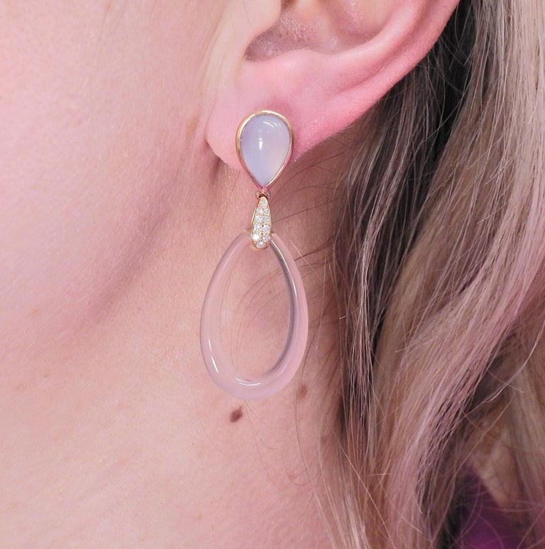 Bucherer Gold Quartz Diamond Chalcedony Drop Earrings For Sale at 1stDibs
