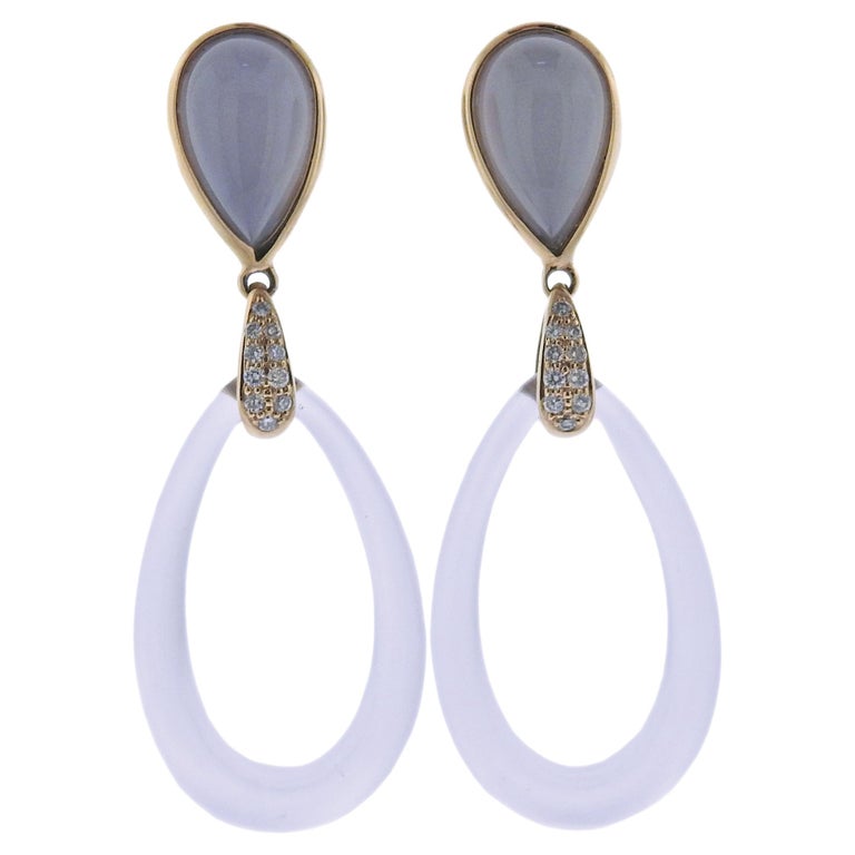 Bucherer Gold Quartz Diamond Chalcedony Drop Earrings For Sale at 1stDibs