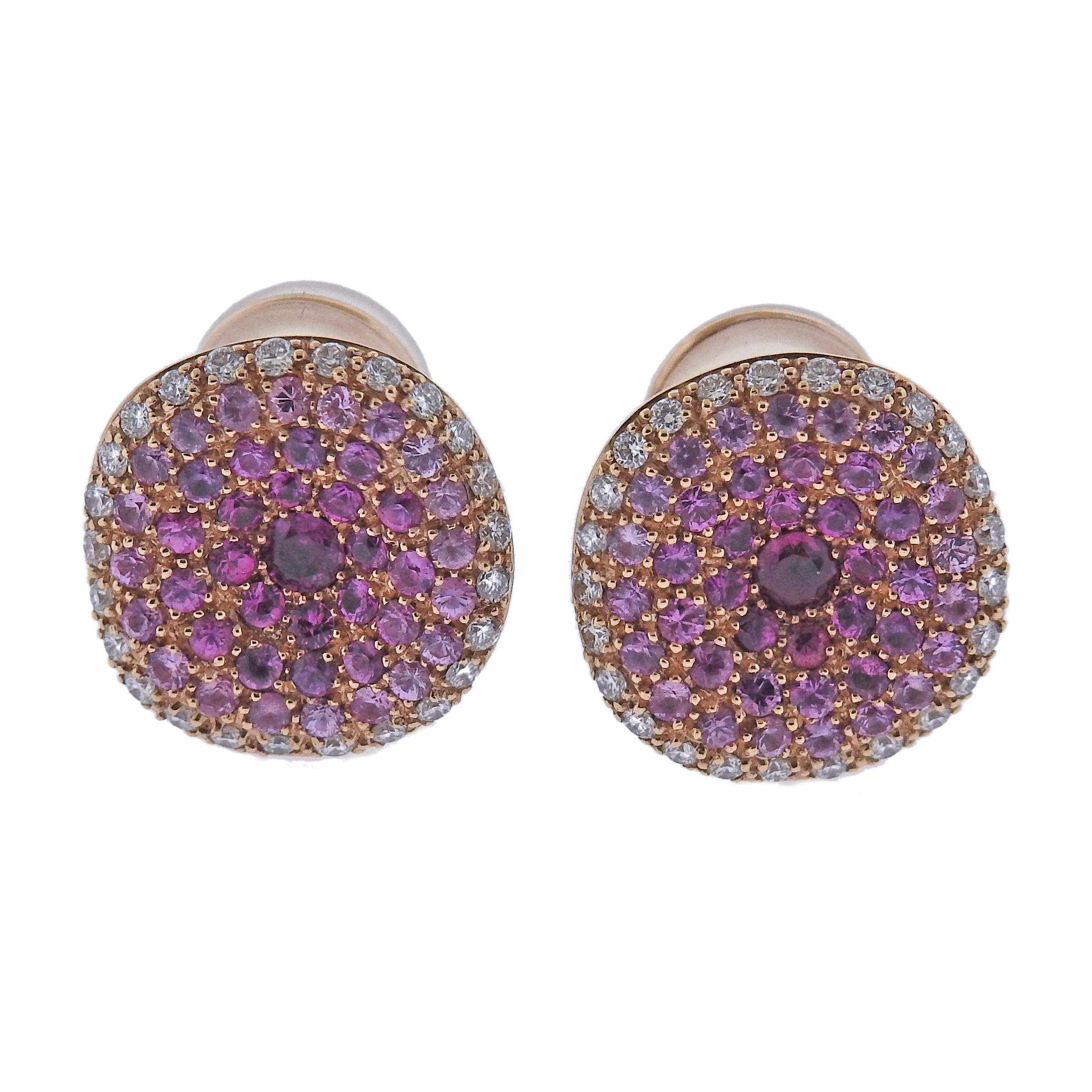 14 Karat Rose Gold Pink Sapphire Diamond Earrings For Sale at 1stDibs