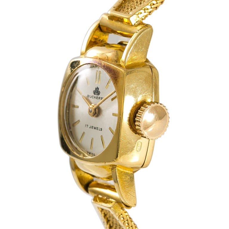 Bucherer Women’s Vintage Hand Winding Watch Silver Dial 18 Karat Yellow ...