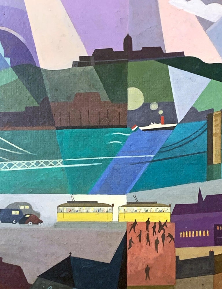 "Budapest along the Danube," Vivid 1930s Cubist Painting in Blues and ...