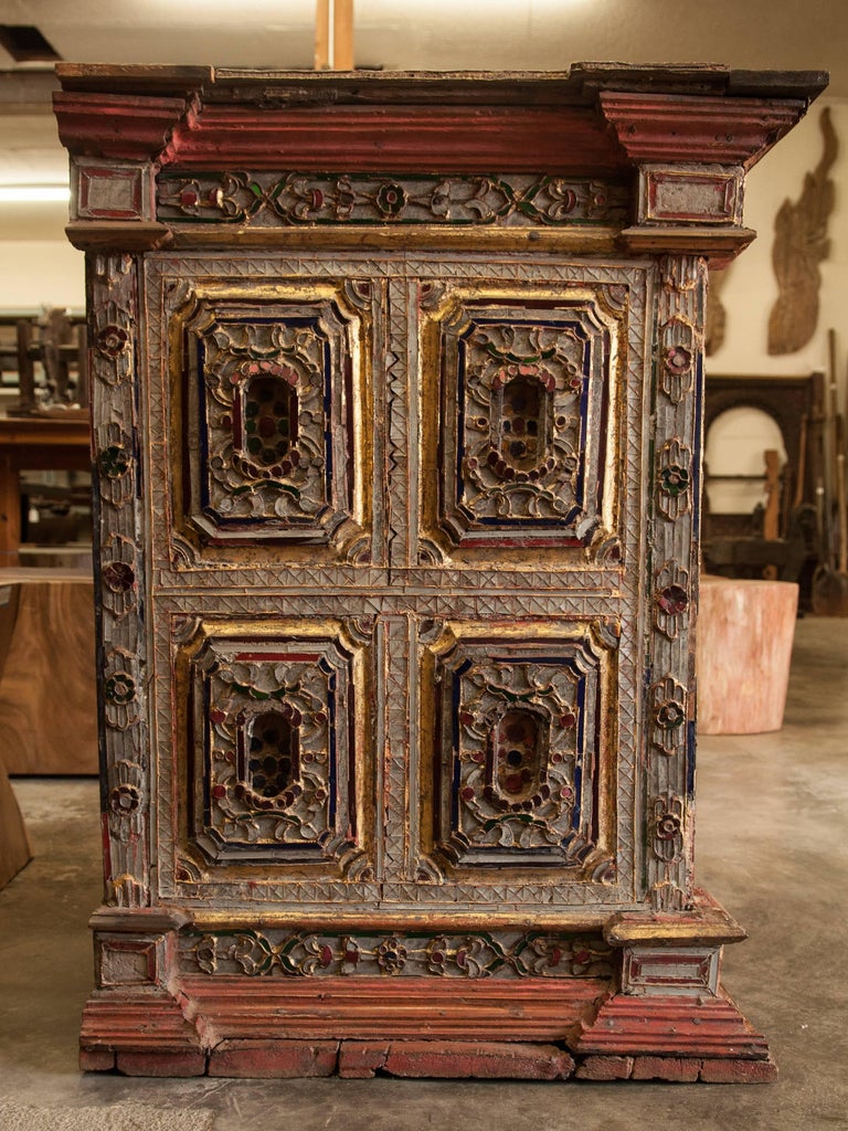 Buddhist Teak Scripture Cabinet from Burma with Inlay Glass, Early 20th ...