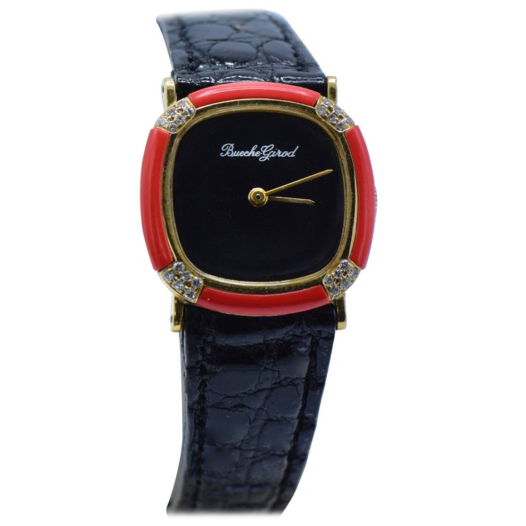 Bueche Girod 18 Karat Yellow Gold, Diamond, and Coral Wristwatch For ...