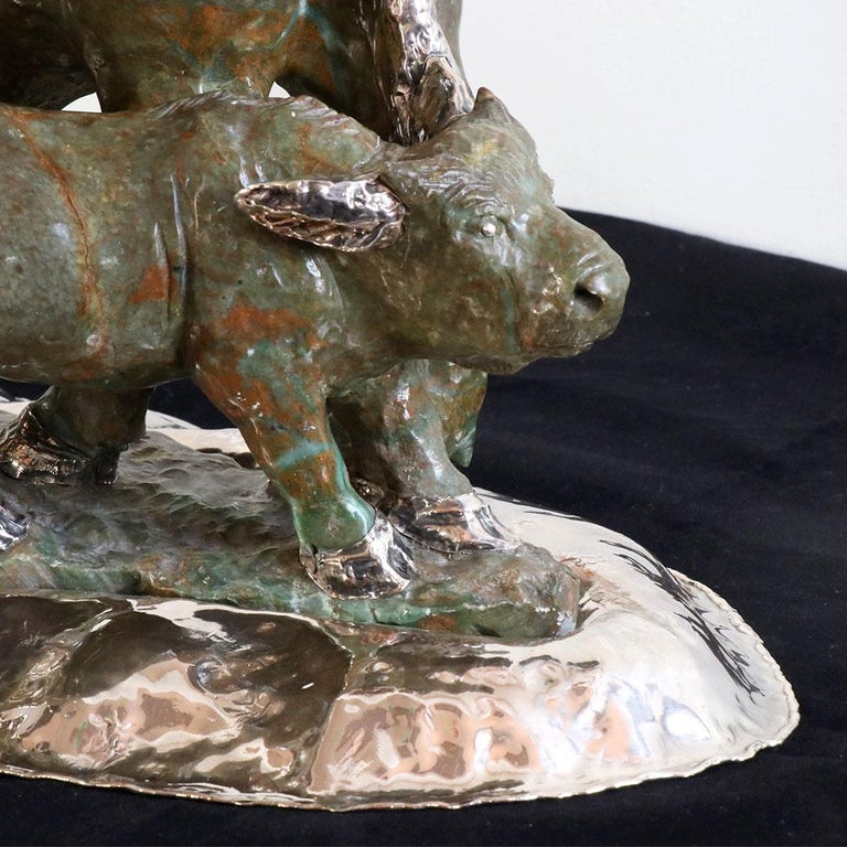 Buffalo Carved Verdite Sculpture Figure with Handmade Sterling Silver ...