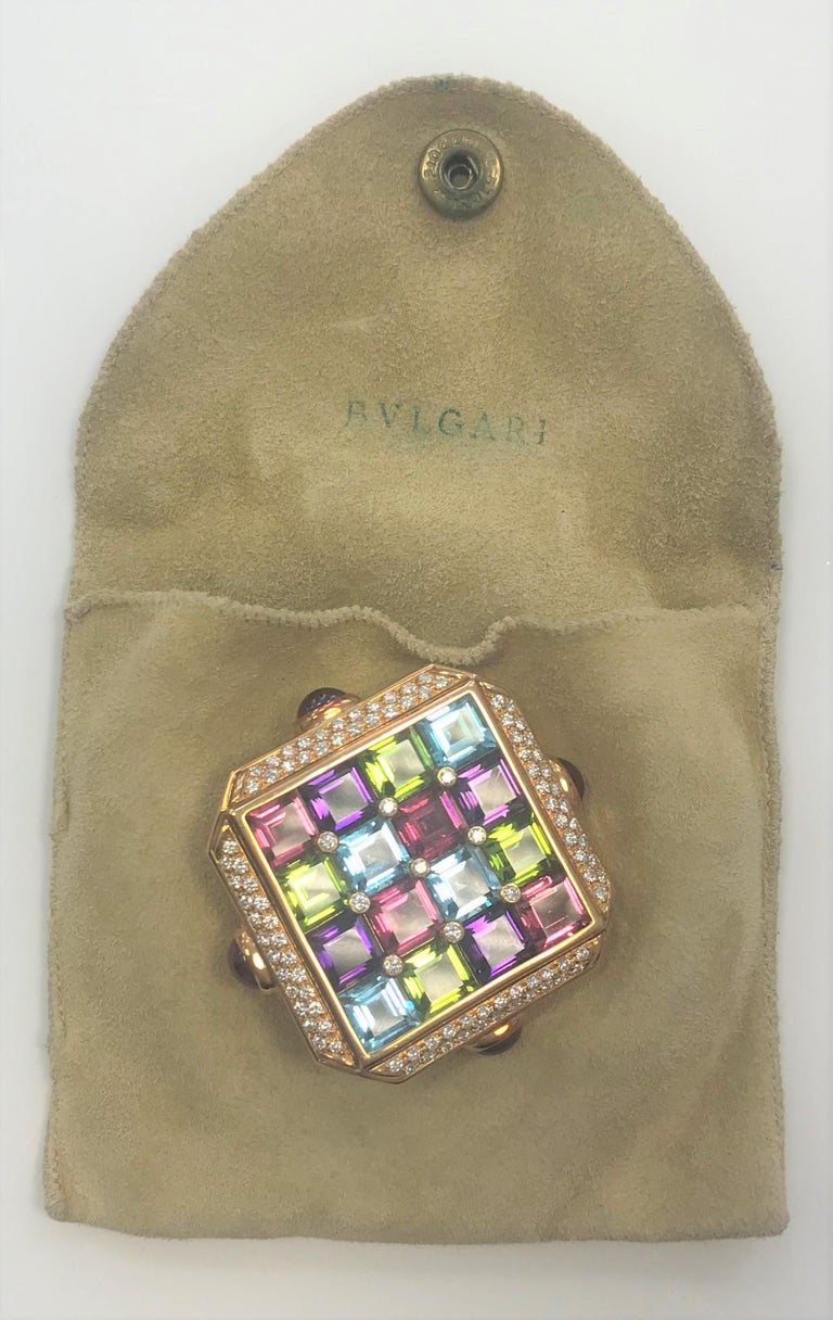 Bulgari 18 Carat Yellow Gold Multi-Gem and Diamond Carré Brooch at 1stDibs
