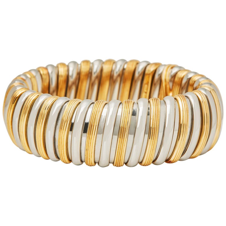 Bulgari 18 Karat White and Yellow Gold Large Flexible Bangle at 1stDibs