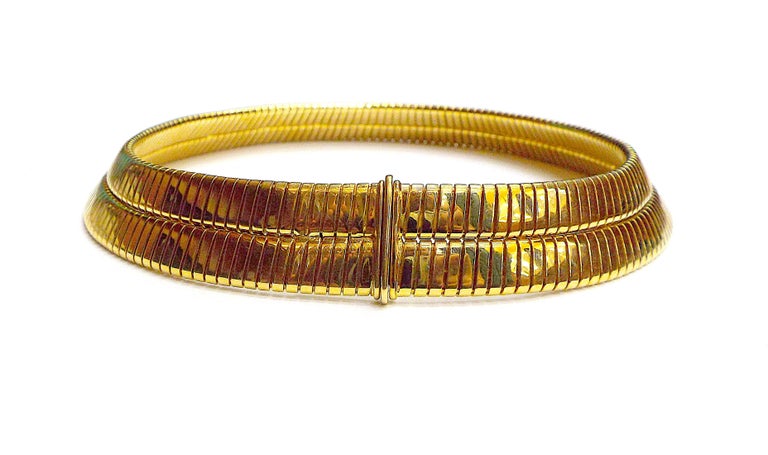 Bulgari 18K Yellow Gold 2 Line Tubogas Collar Necklace For Sale at 1stDibs