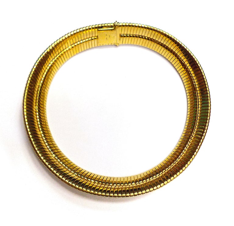 Bulgari 18K Yellow Gold 2 Line Tubogas Collar Necklace For Sale at 1stDibs