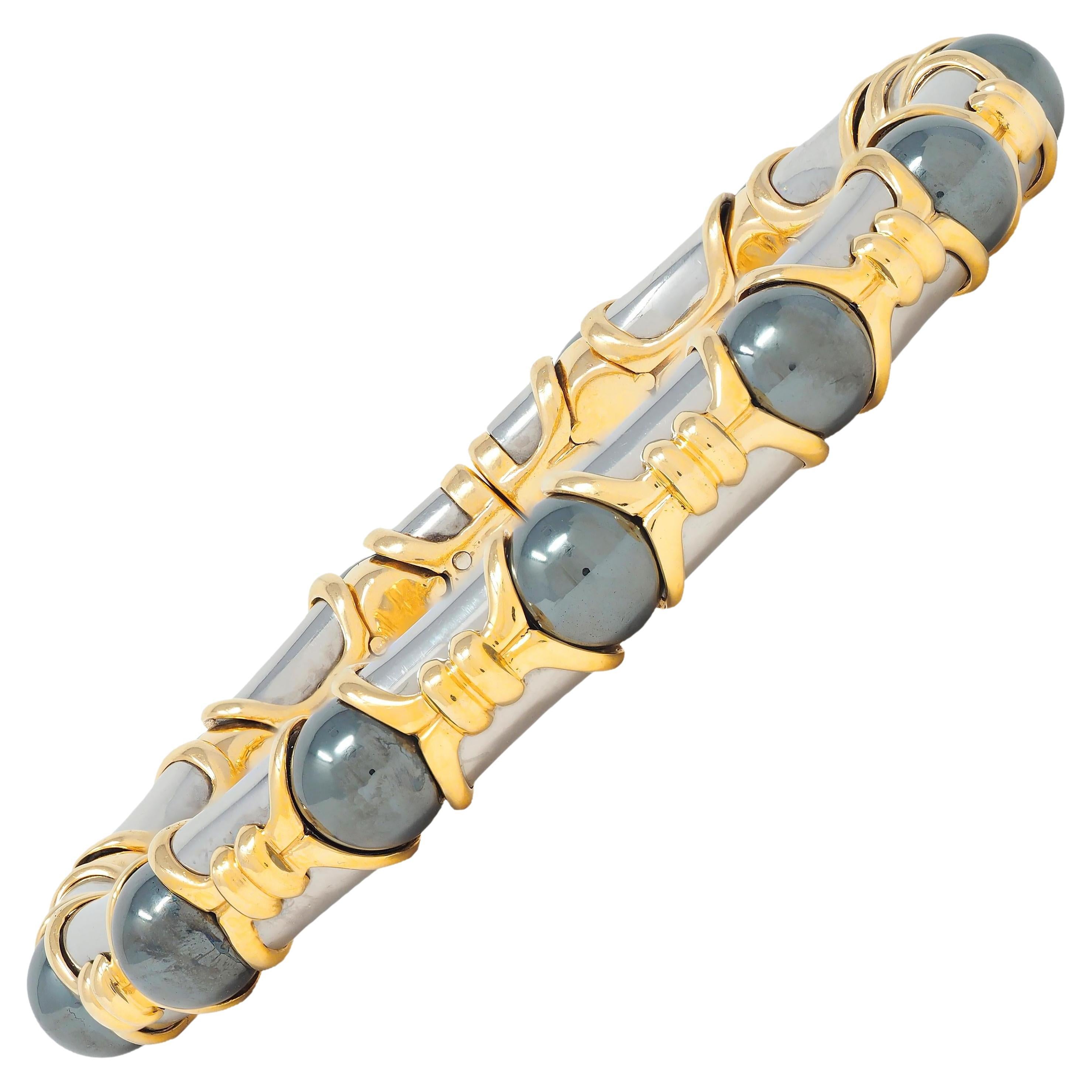 Bulgari 1989 Hematite 18 Karat Yellow Gold Stainless Steel Vintage Cuff ...