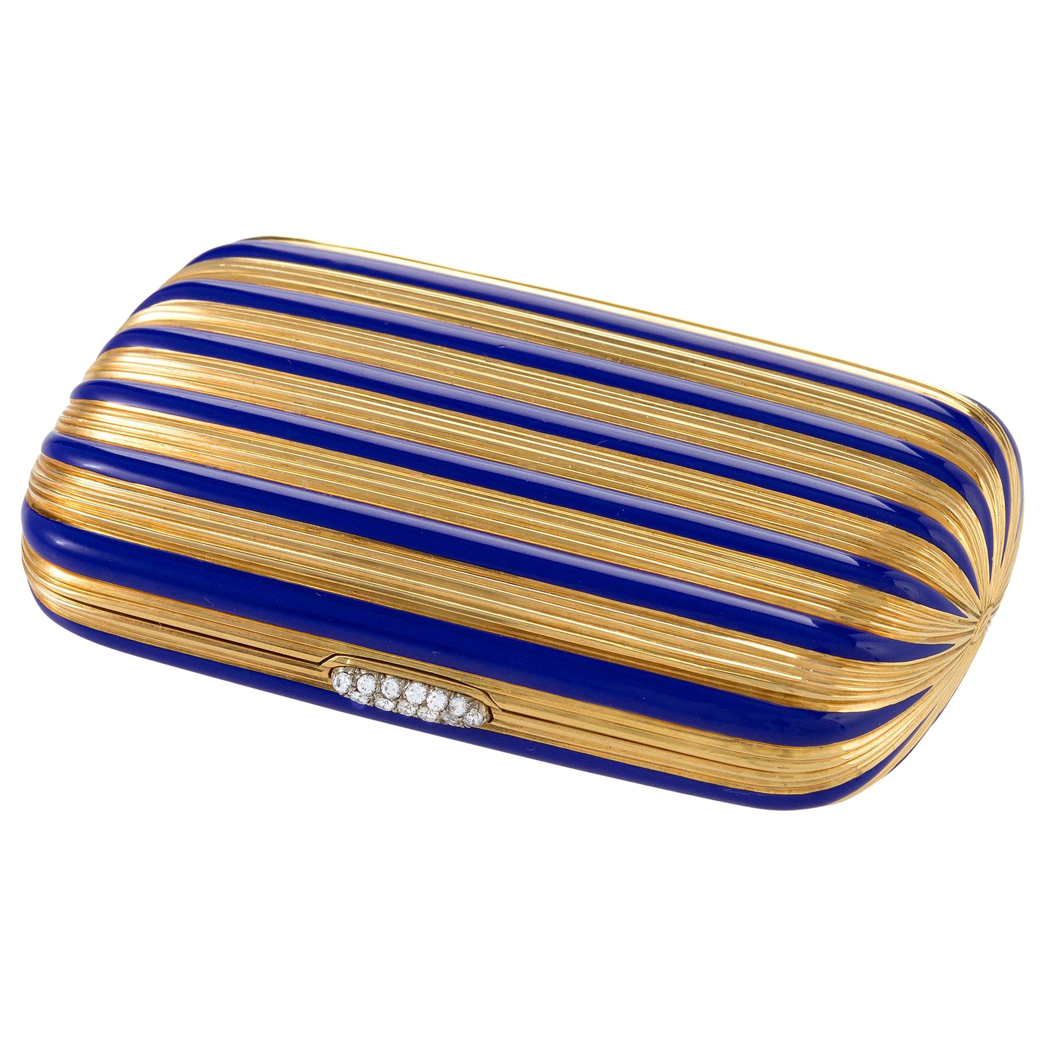 Vintage Diamond Gold Blue Enamel Stripes Mirrored Powder Compact at 1stDibs