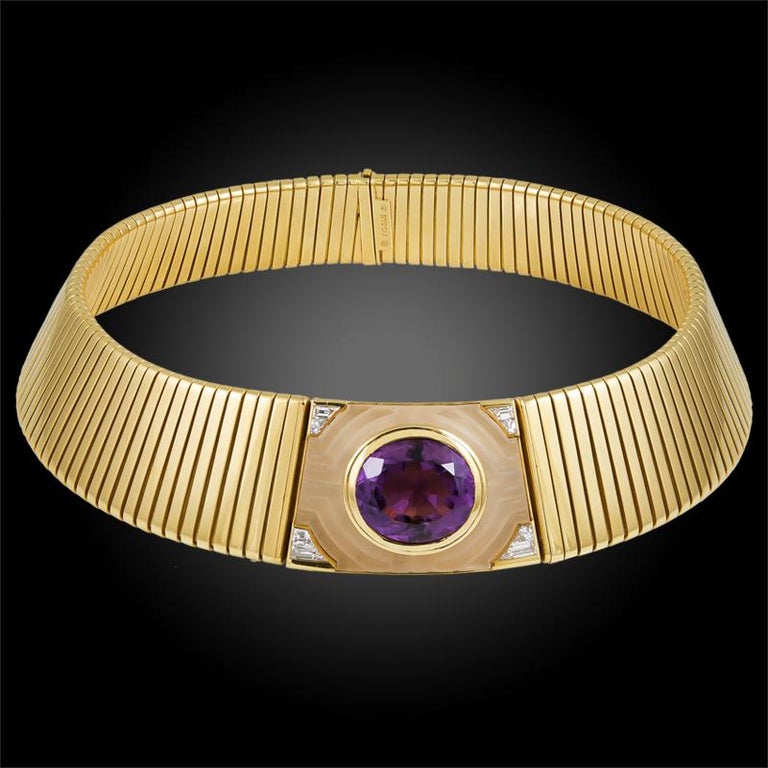 Bulgari Diamond, Amethyst Choker Gold Necklace For Sale at 1stDibs