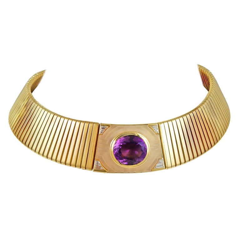 Bulgari Diamond, Amethyst Choker Gold Necklace For Sale at 1stDibs