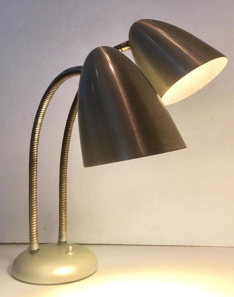 1950'S Gold Double Shade Goose Neck Lamp by Prescolite For Sale at 1stDibs