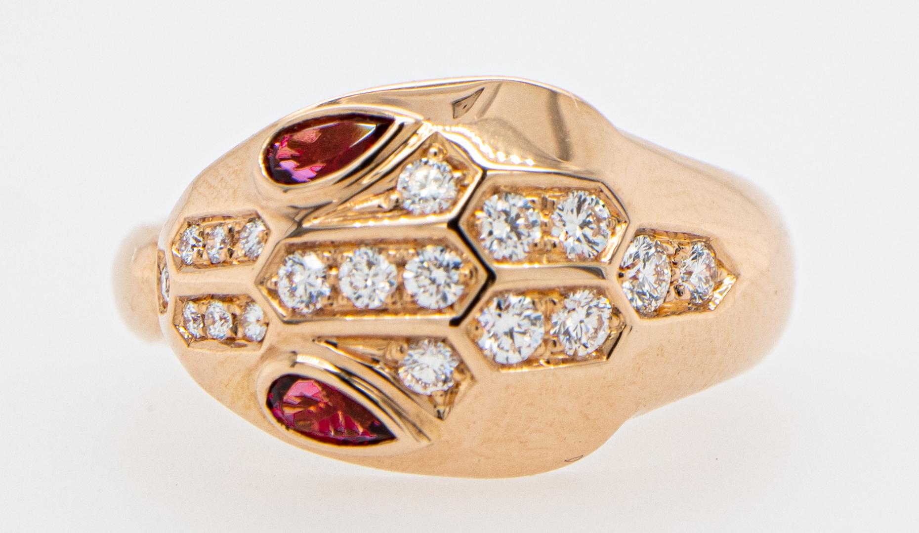 Bulgari Diamond Serpenti Ring with Rubelite Eyes 18k Rose Gold Box ...