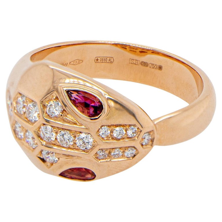 Bulgari Diamond Serpenti Ring with Rubelite Eyes 18k Rose Gold Box ...