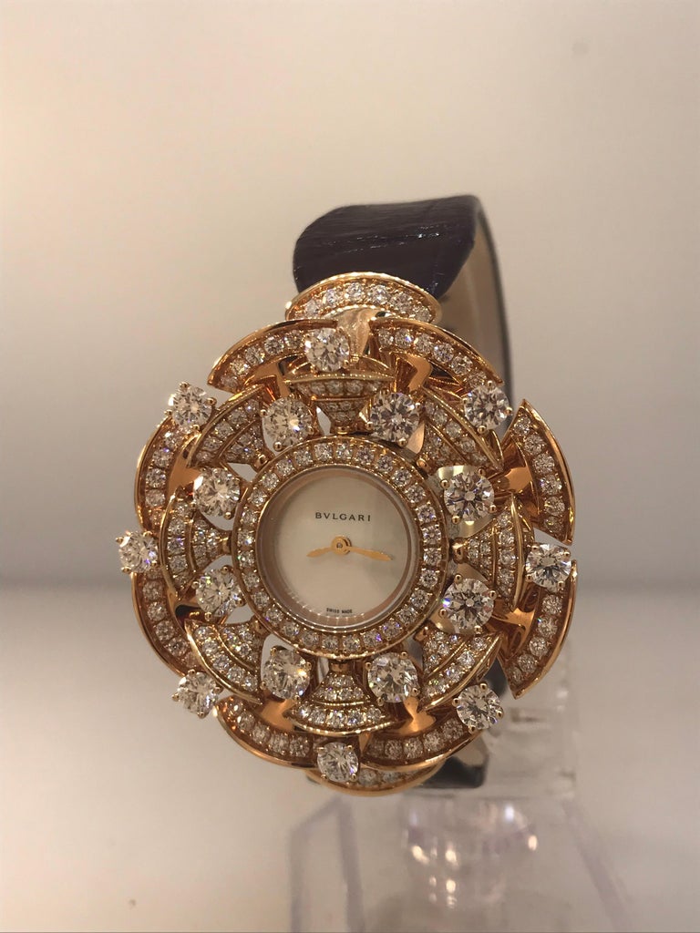 Bulgari Diva's Dream Rose Gold Pave Diamond Leather Band Ladies Watch ...