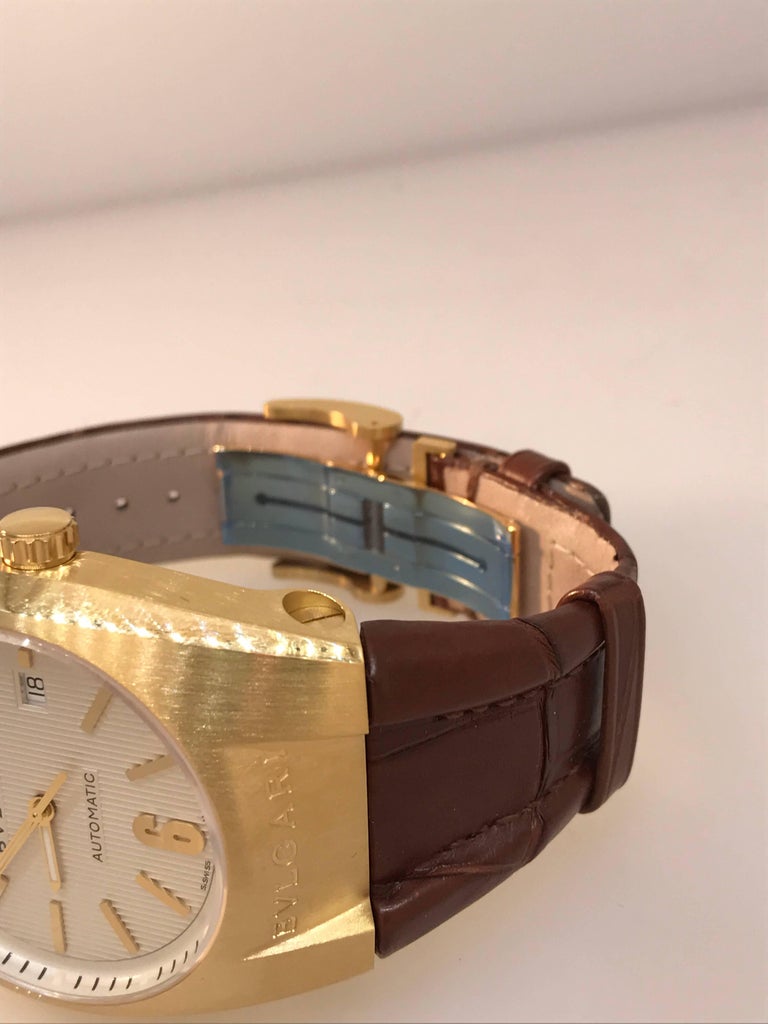 Bulgari Ergon Yellow Gold Silver Dial Brown Leather Band Automatic Men ...