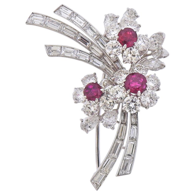 Bulgari Exquisite Ruby and Diamond Platinum Floral Brooch at 1stDibs