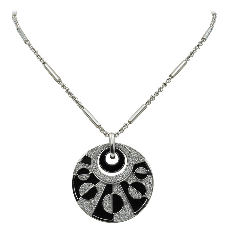 Bulgari Intarsio Onyx Disc Pendant 18k White Gold Necklace w. Diamonds ...