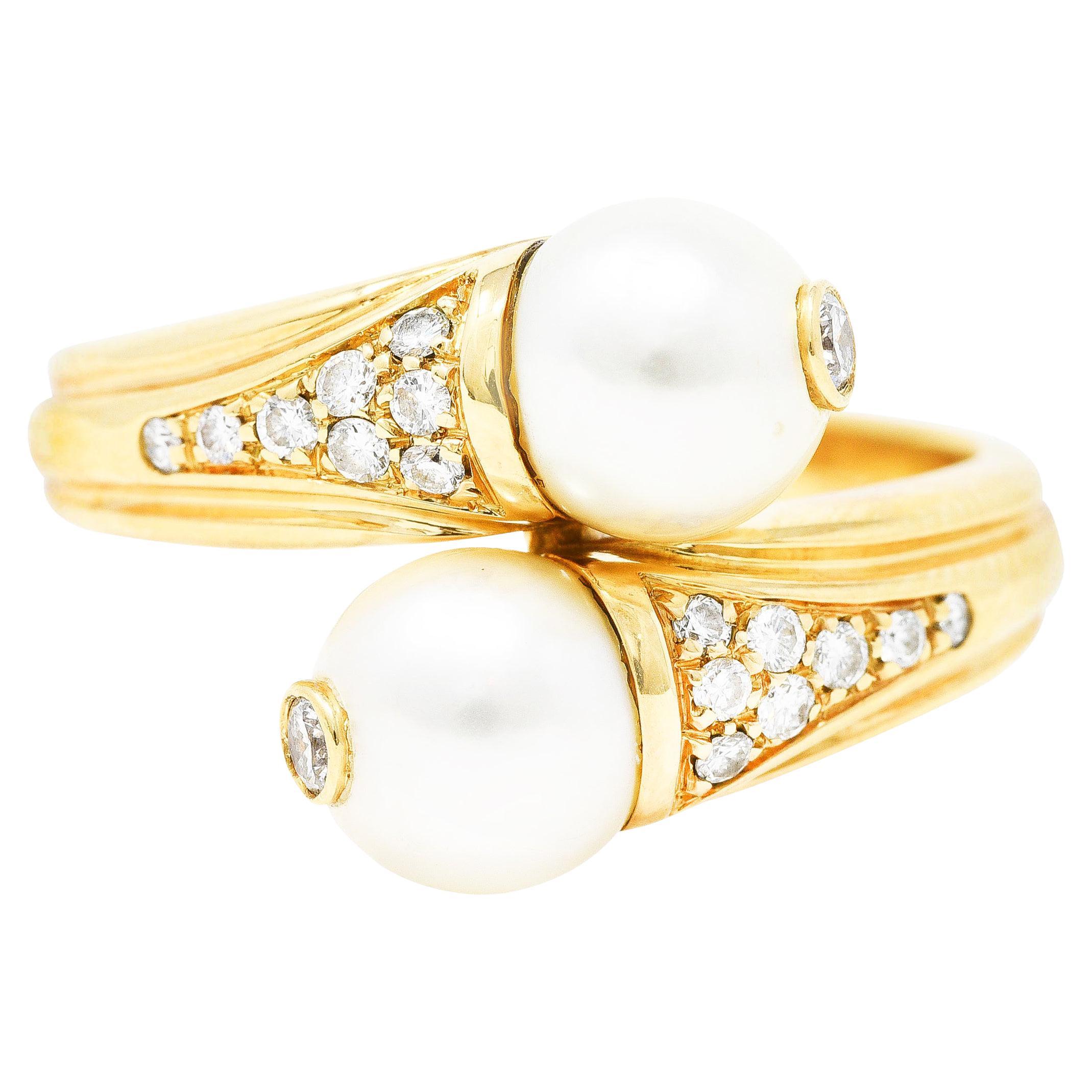 Akoya Pearls Diamonds Gold Bypass Ring For Sale at 1stDibs