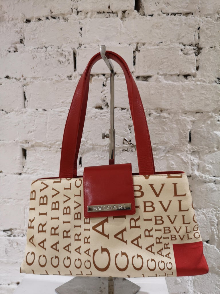 Bulgari Monogram Silk and red Leather shoulder bag at 1stDibs