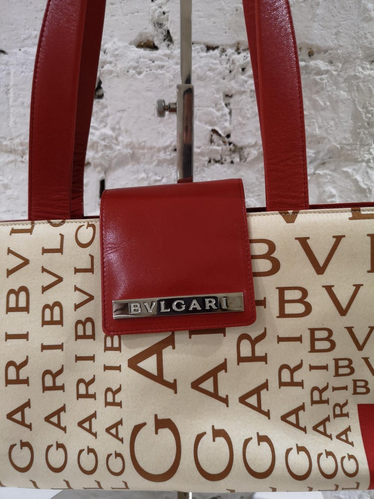 Bulgari Monogram Silk and red Leather shoulder bag at 1stDibs