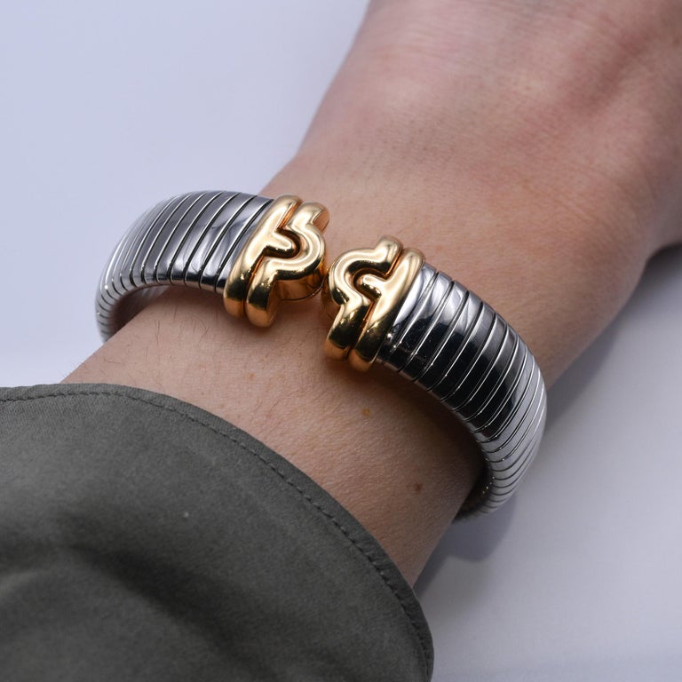 Bulgari 'Parentesi' Steel and 18k Yellow Gold Bracelet For Sale at 1stDibs