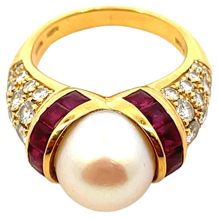 Bulgari Passo Doppio Diamond Ruby Pearl Ring For Sale at 1stDibs