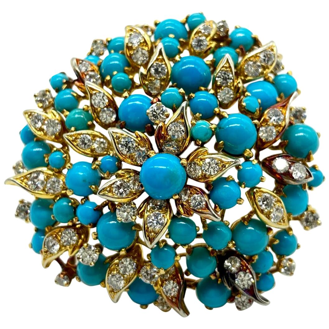 Bulgari Persian Turquoise and Diamond Yellow Gold Cluster Brooch at 1stDibs