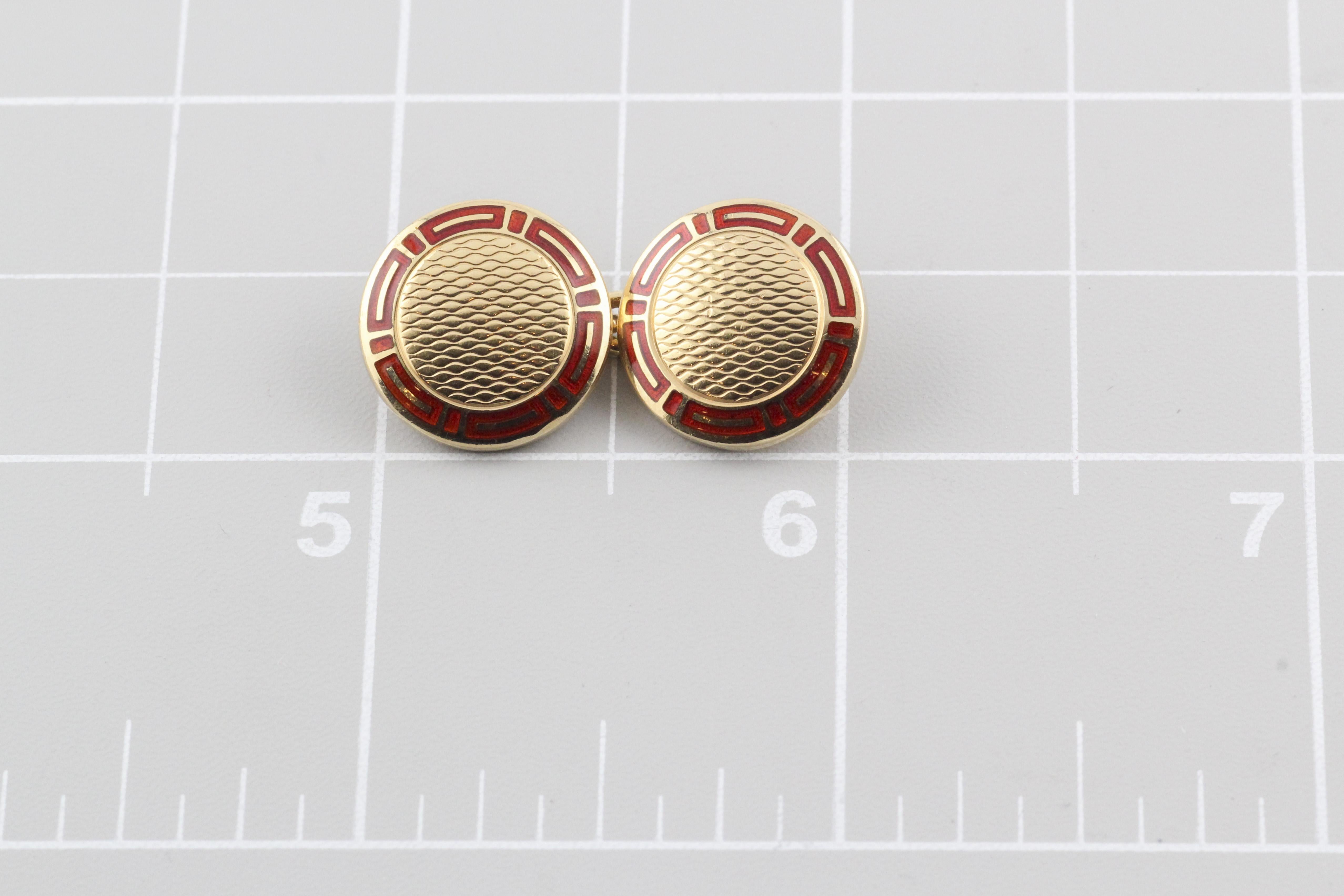 Bulgari Red Enamel Engine Turned 18k Yellow Gold Disc Cufflinks For ...