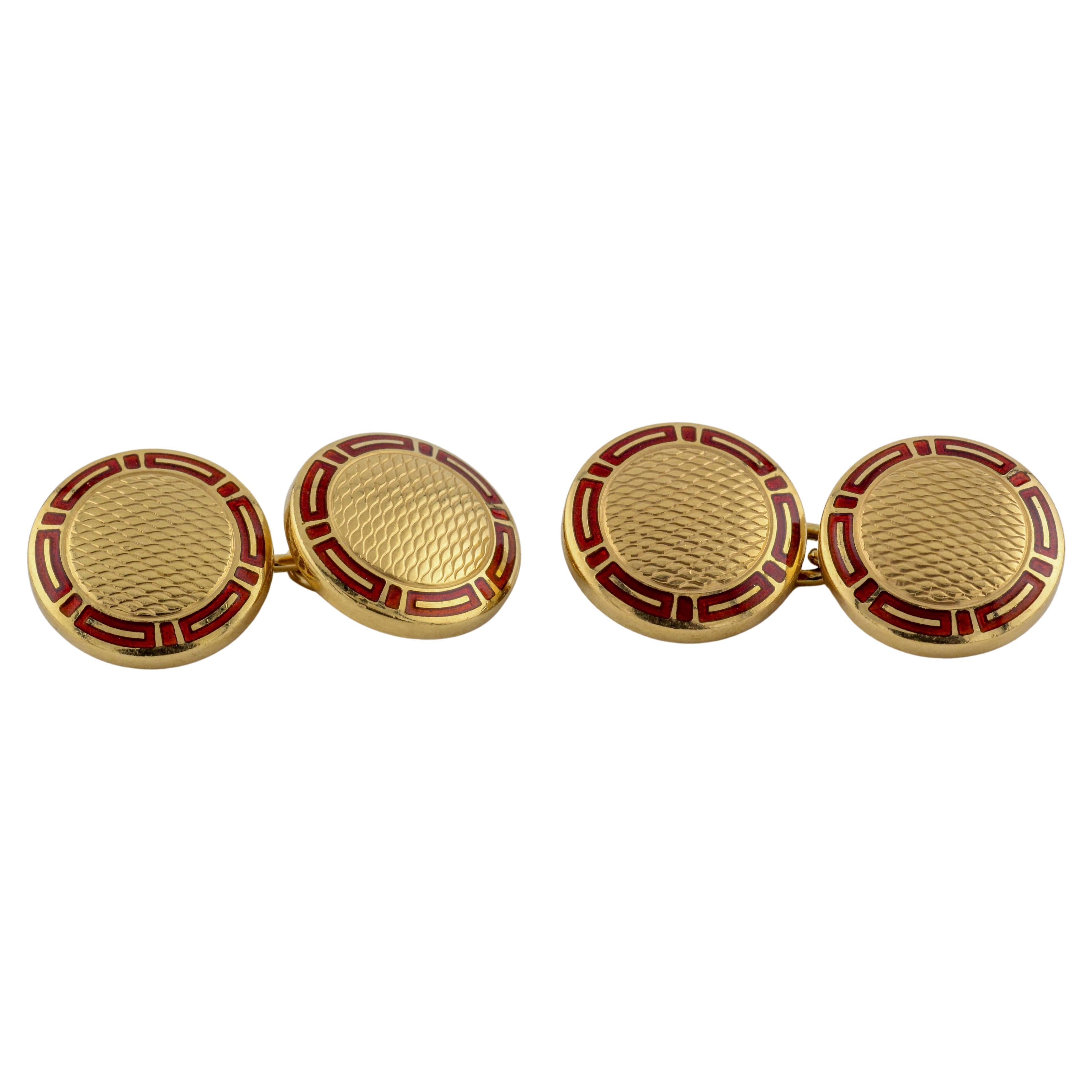 Bulgari Red Enamel Engine Turned 18k Yellow Gold Disc Cufflinks For ...