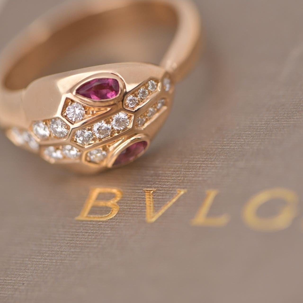Bulgari Rose Gold Rubellite Pavé Diamond Serpenti Ring at 1stDibs
