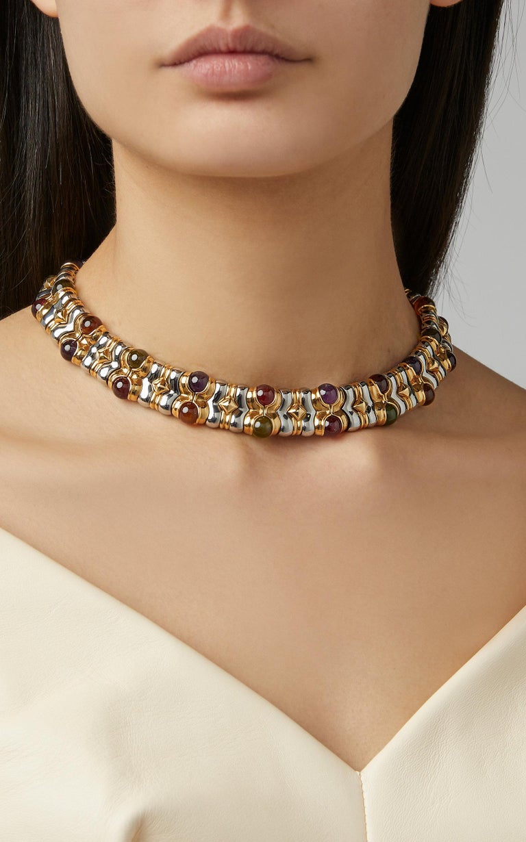 Bulgari Steel Gold Gem-Set Necklace For Sale at 1stdibs