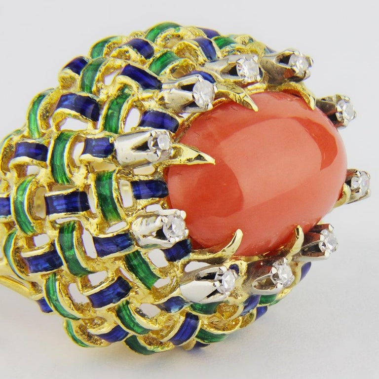 Bulgari Style, 18 Karat Gold, Enamel, Coral and Diamond Ring at 1stDibs