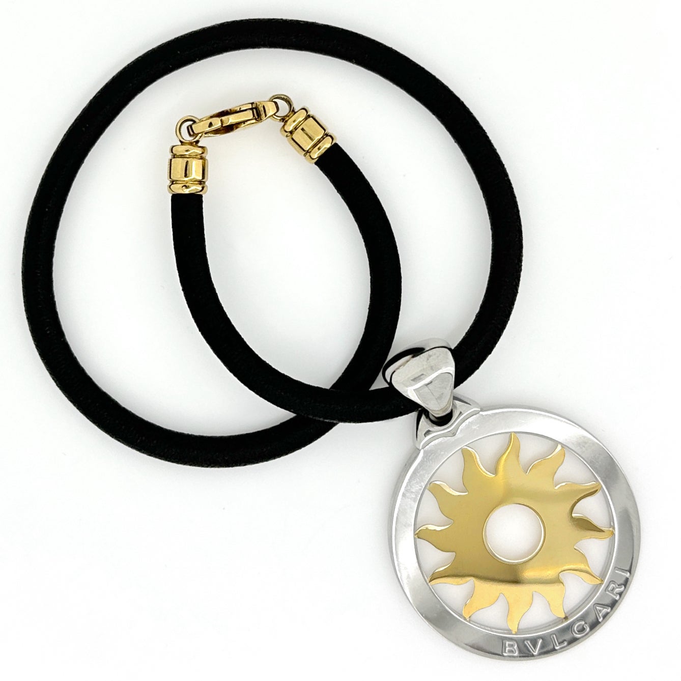 Bulgari Tondo Sun Pendant in 18 Gold and Steel on Leather Collar with ...