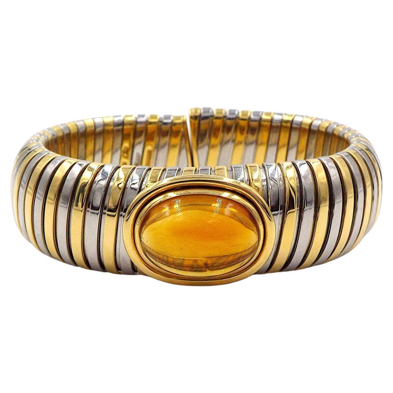 Bulgari Tubogas 18k Yellow Gold Steel Citrine Bangle Bracelet For Sale ...
