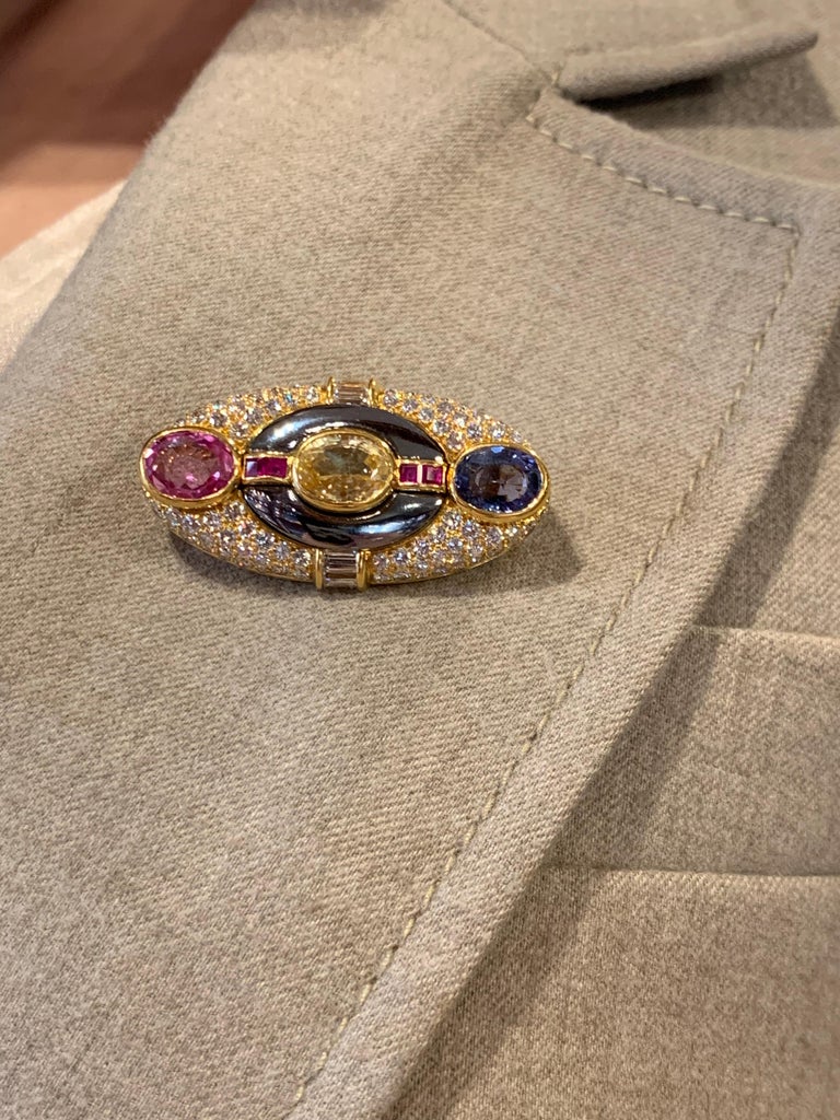 Bulgari Unique Multicolor Sapphire and Diamond Brooch For Sale at 1stDibs