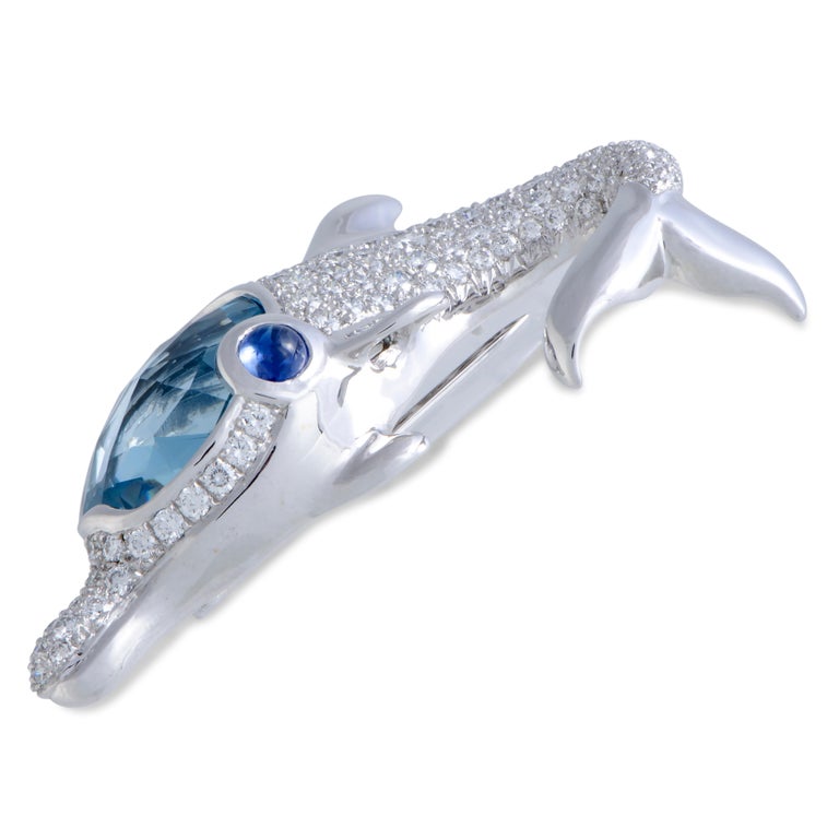 Bulgari White Gold Diamond Pavé, Aquamarine and Sapphire Dolphin Brooch ...